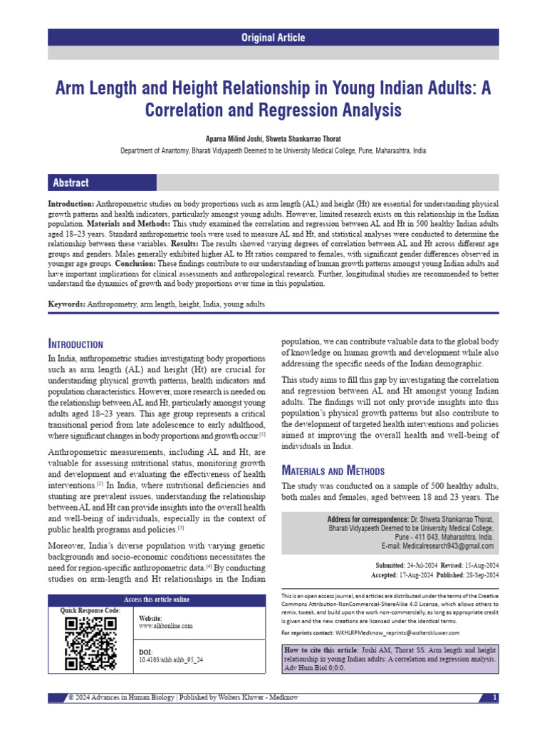 Arm Length and Height in Indian Youth | PDF | Anthropometry