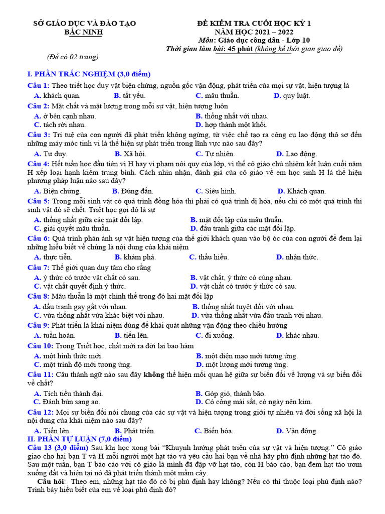 De Thi Cuoi Hoc Ky 1 GDCD 10 Nam Hoc 2021 2022 So GDDT Bac Ninh | PDF