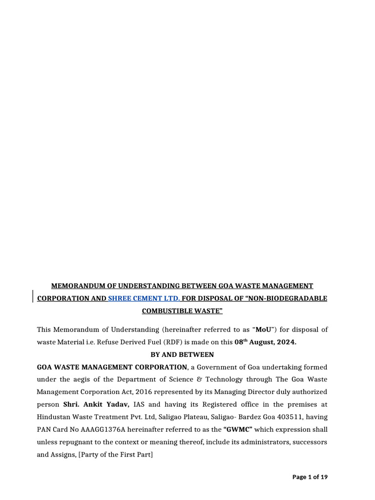 Goa Waste Management Corporation MOU (Revised by GWMC) | PDF | Waste ...