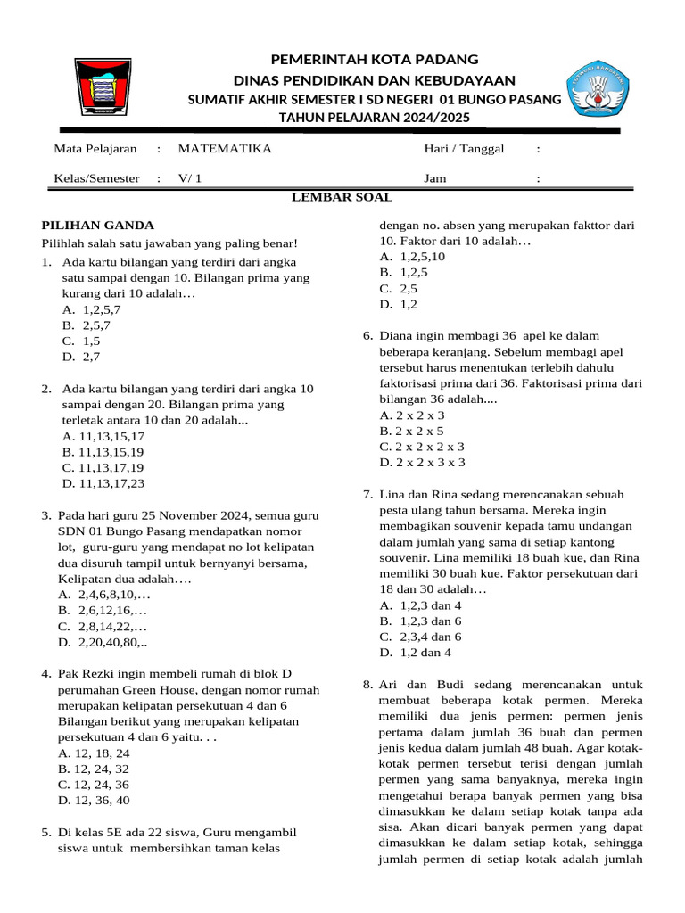 @SOAL UAS MTK KELAS 5 SEMESTER 1 NOV ok | PDF