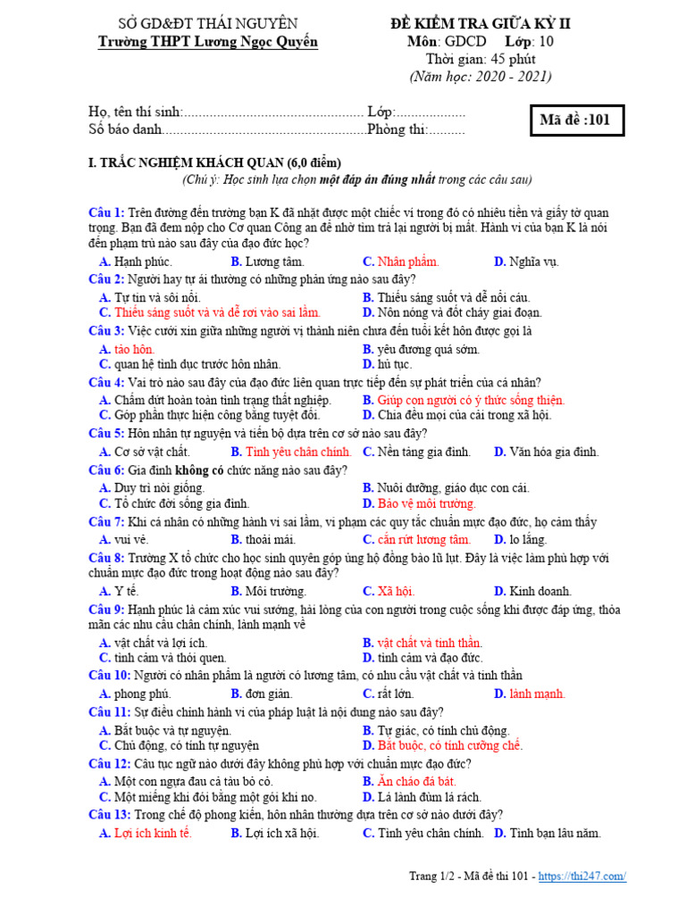 De Giua Ki 2 GDCD 10 Nam 2020 2021 Truong Luong Ngoc Quyen Thai Nguyen | PDF