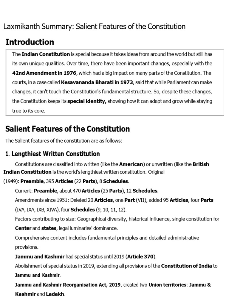 Laxmikanth Summary - Salient Features of The Constitution - Indian Polity For UPSC CSE PDF ...