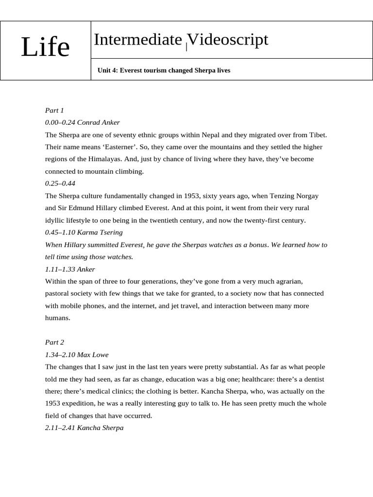 Intermediate Unit4 Videoscript | PDF | Mount Everest | Himalayas
