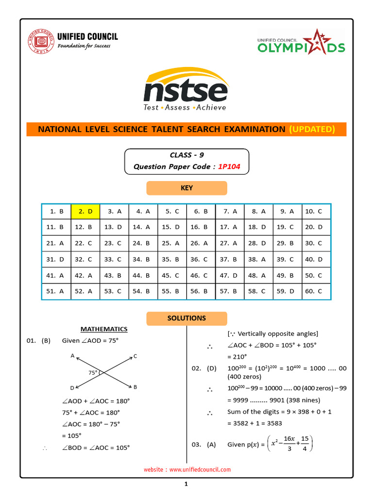 CL - 9 - NSTSE-2024-Paper-1P104 Key-Updated | PDF | Force | Momentum