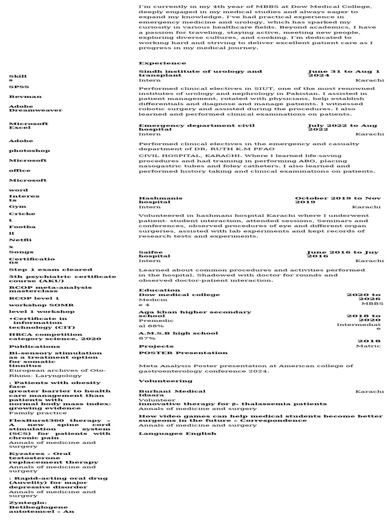 elective CV | PDF | Patient | Medical School