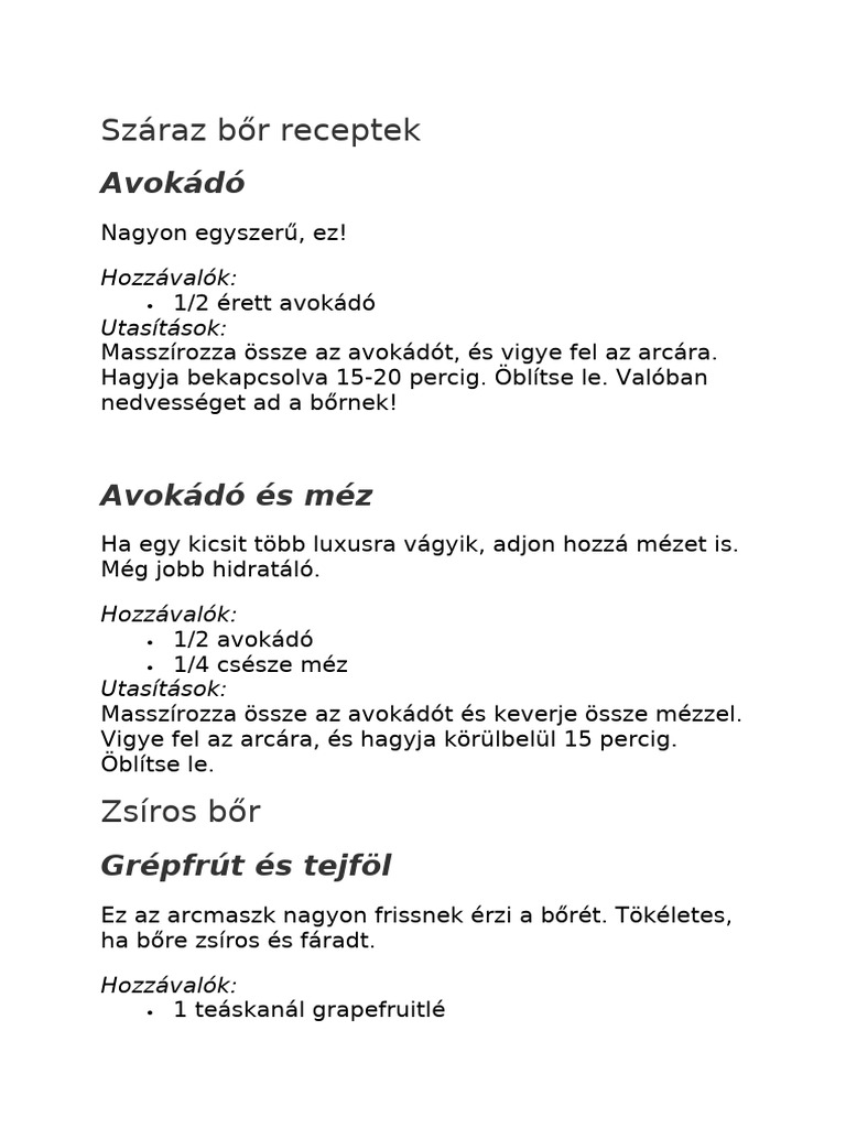 Száraz Bőr Receptek | PDF