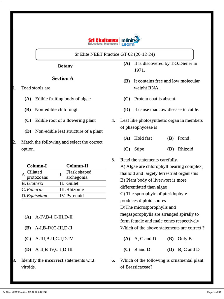 SR Elite NEET Practice GT-02 (26!12!24) - QP | PDF | Menstrual Cycle | Meiosis