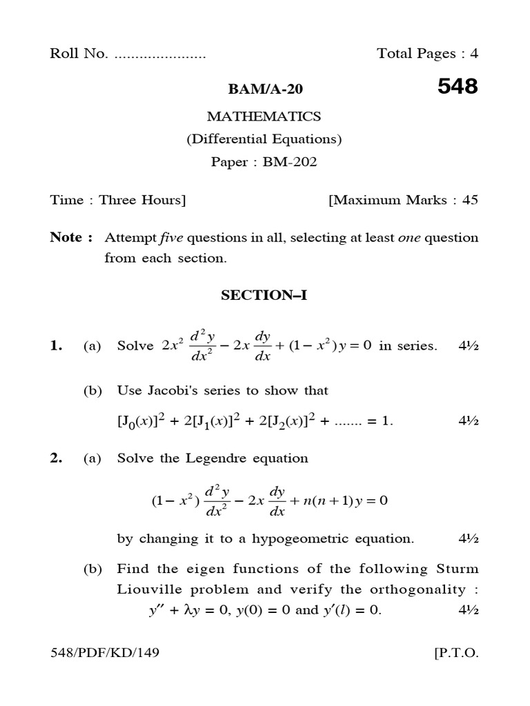 BSC Part 2 Mathematics Differential Equations 548 2020 | PDF | Mathematical Analysis ...