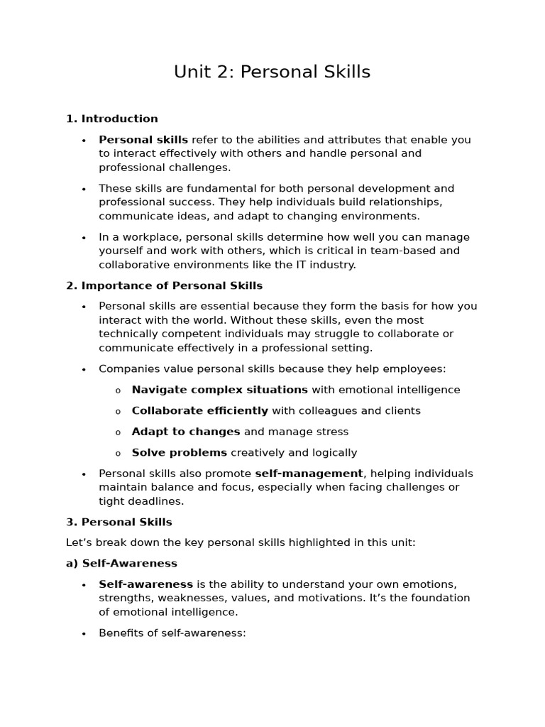 Unit 2 | PDF | Self Awareness | Skill