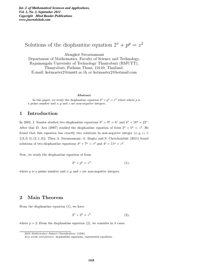 Solutions of The Diophantine Equation | PDF | Equations | Number Theory