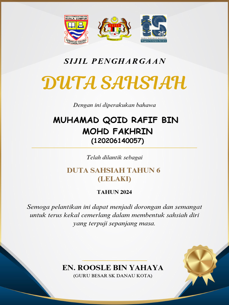 SIJIL PENGHARGAAN DUTA SAHSIAH DIRI MURID-2 | PDF