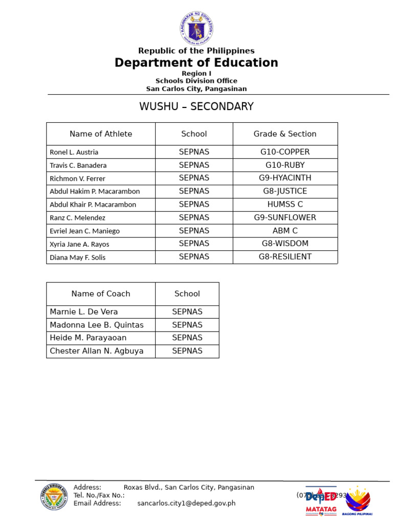 R1AA List of Wushu Athletes | PDF