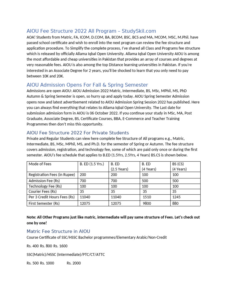 AIOU Fee Structure 2022 Overview | PDF | Bachelor Of Science ...