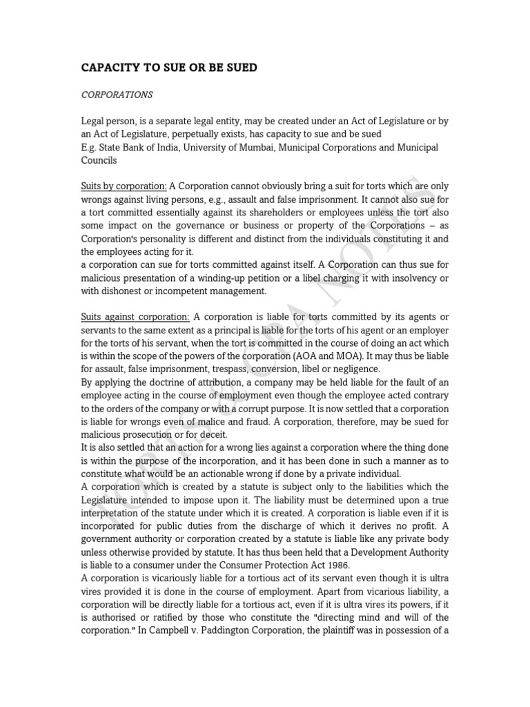 Capacity To Sue or Be Sued | PDF | Tort | Legal Liability