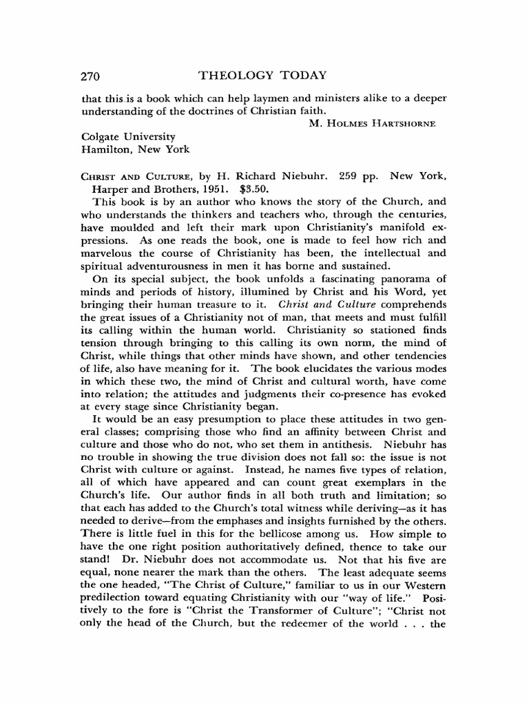 Christ and Culture, by H. Richard Niebuhr. 259 Pp. New York, Harper and ...
