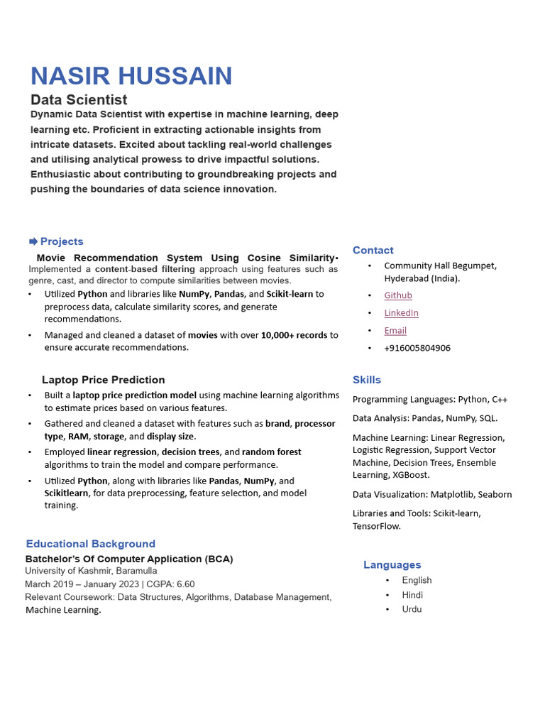 Resume_Data_Science_(Nasir)(2) | PDF | Machine Learning | Data Science