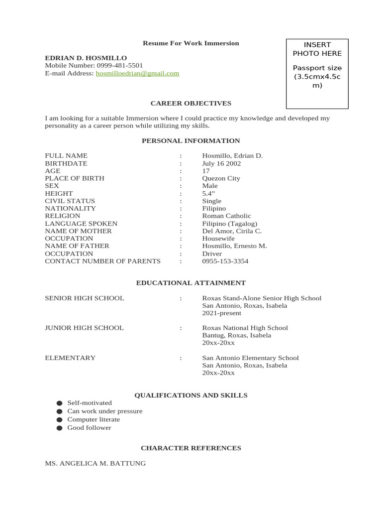 Edrian Hosmillo Work Immersion Resume | PDF