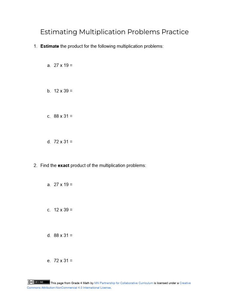 1.3 Estimating Multiplication Problems Practice | PDF