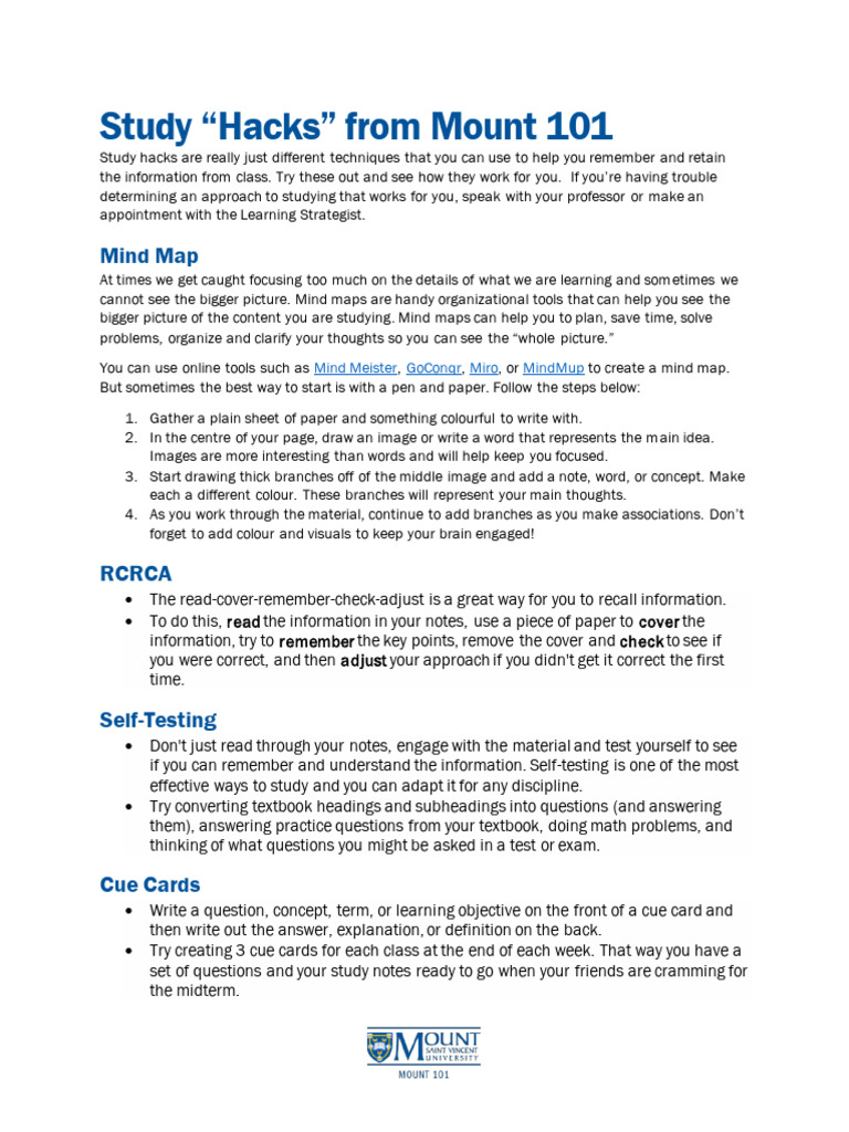Study Hacks Mount 101 | PDF | Thought | Metacognition