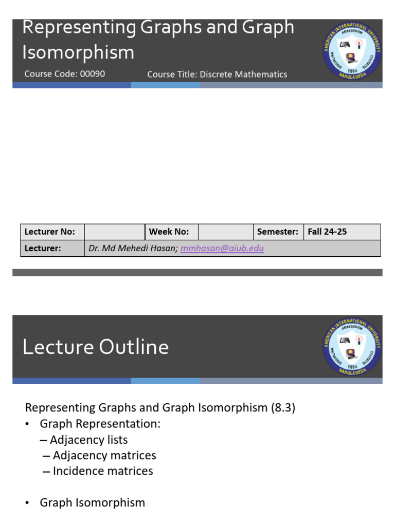Fall 24-25 DM 16 GraphRepresentation Isomophism | PDF | Vertex (Graph Theory) | Matrix (Mathematics)