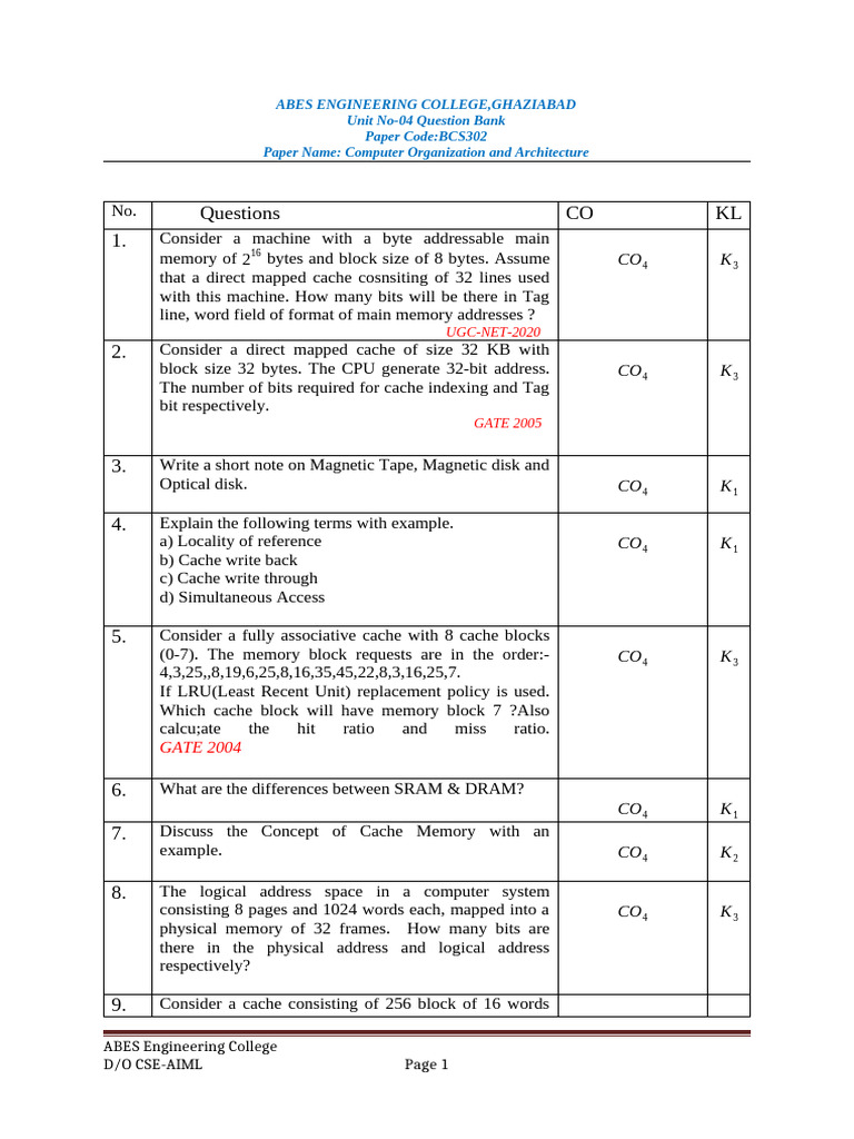 Unit-4 Question Bank | PDF | Cpu Cache | Cache (Computing)
