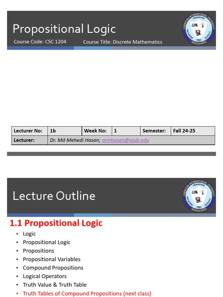 Fall 24-25 DM - 1b - PropositionalLogic | PDF | Logic | Proposition