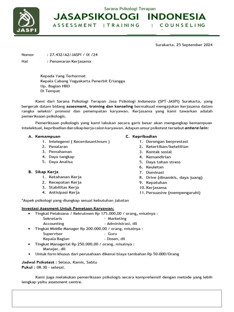 Penawaran Asesmen Jaspi Erlangga | PDF