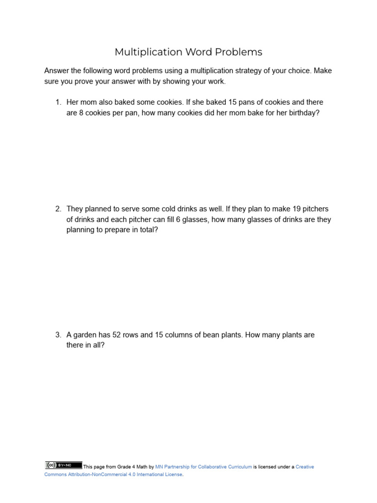 1.7 Multiplication Word Problems | PDF