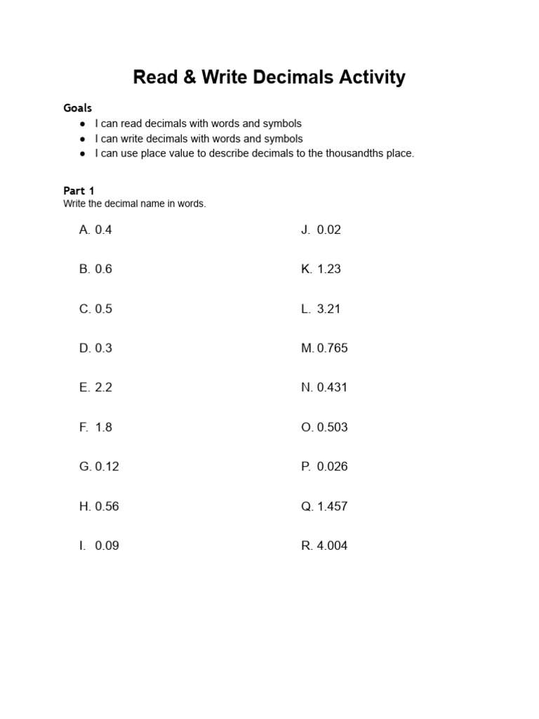 7.1 Read & Write Decimals Activity | PDF