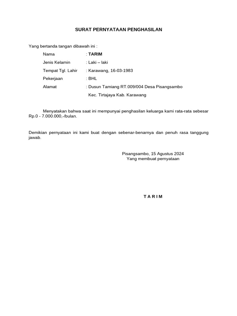 Surat Pernyataan Penghasilan | PDF