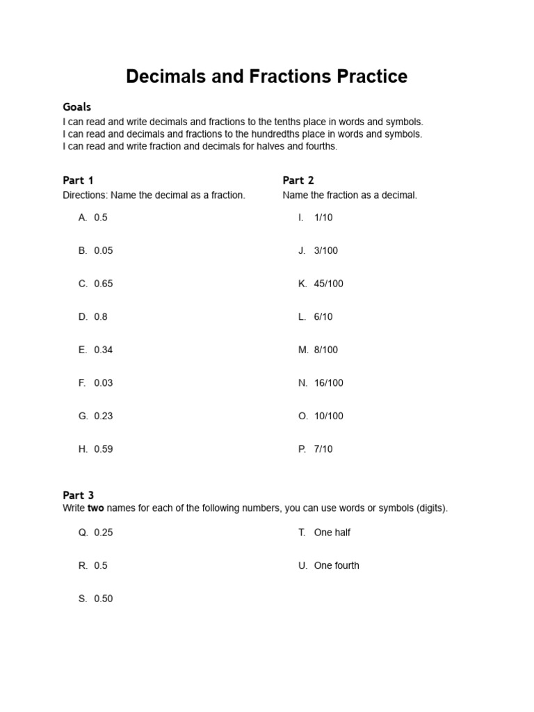 7.3 Decimals and Fractions Practice | PDF
