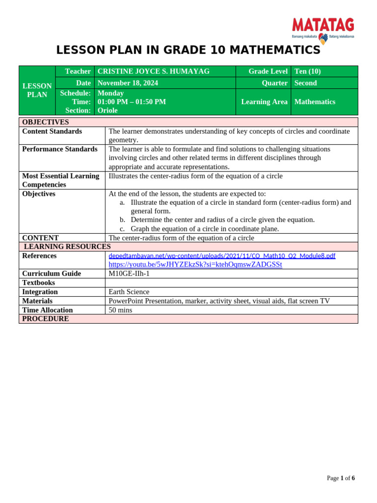 Grade 10 Demo Final Lesson Plan | PDF | Circle | Equations