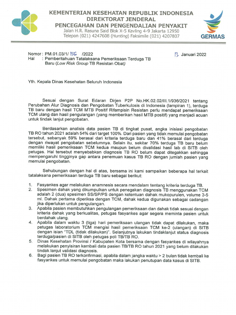 Verbal 156 Tatalaksana Pemeriksaan Terduga TB - 2022 | PDF