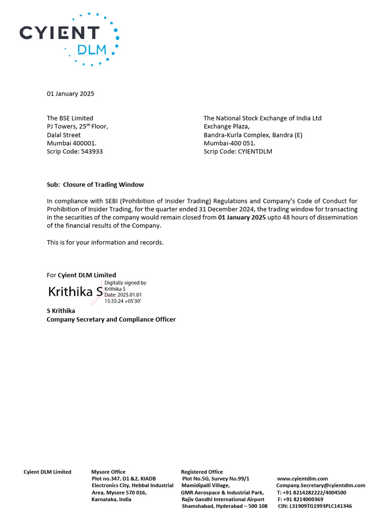 Trading Window Closure Q3 Signed | PDF