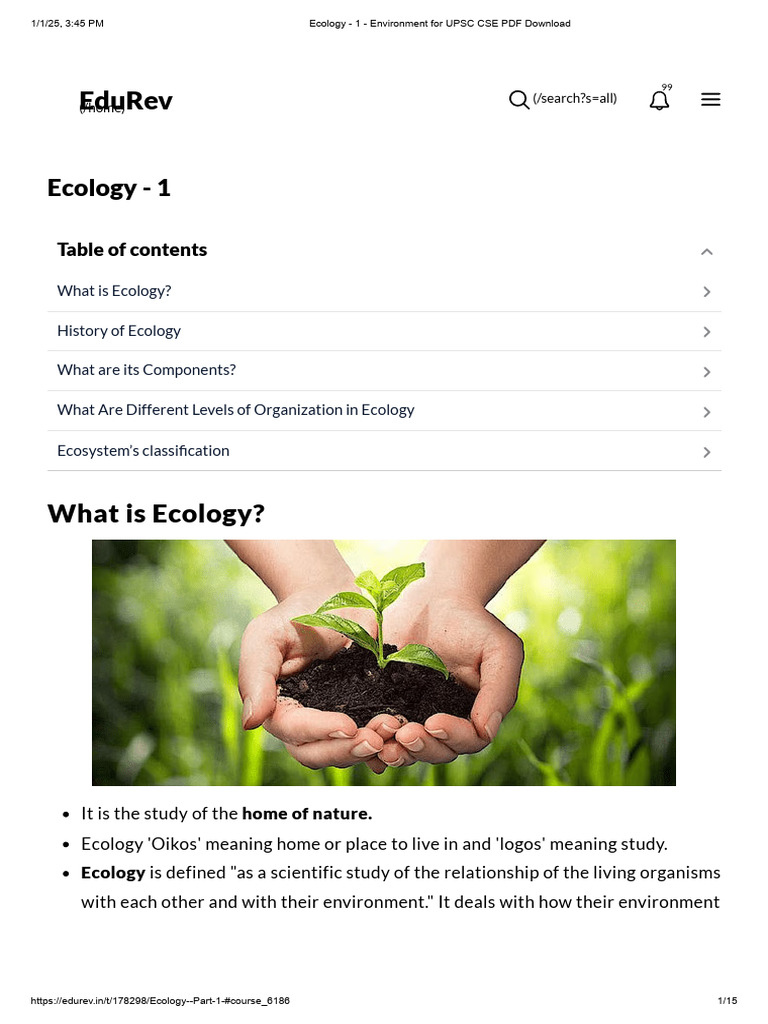 Ecology - 1 - Environment For UPSC CSE PDF Download | PDF | Ecosystem | Ecology