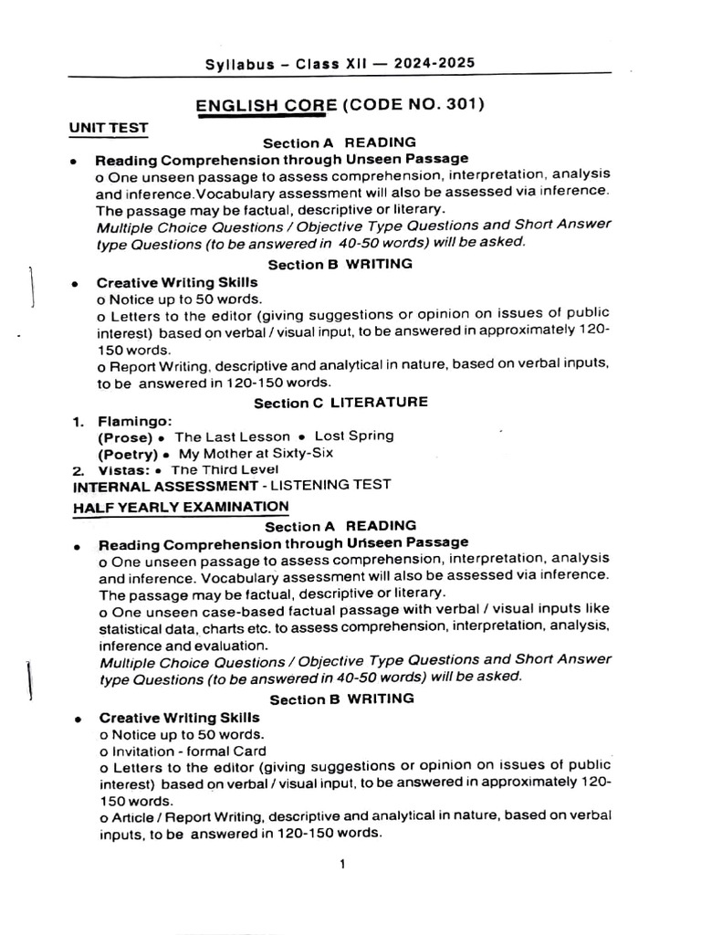 SYLLABUS XII 2024-25 | PDF | Reading Comprehension | Cognitive Science