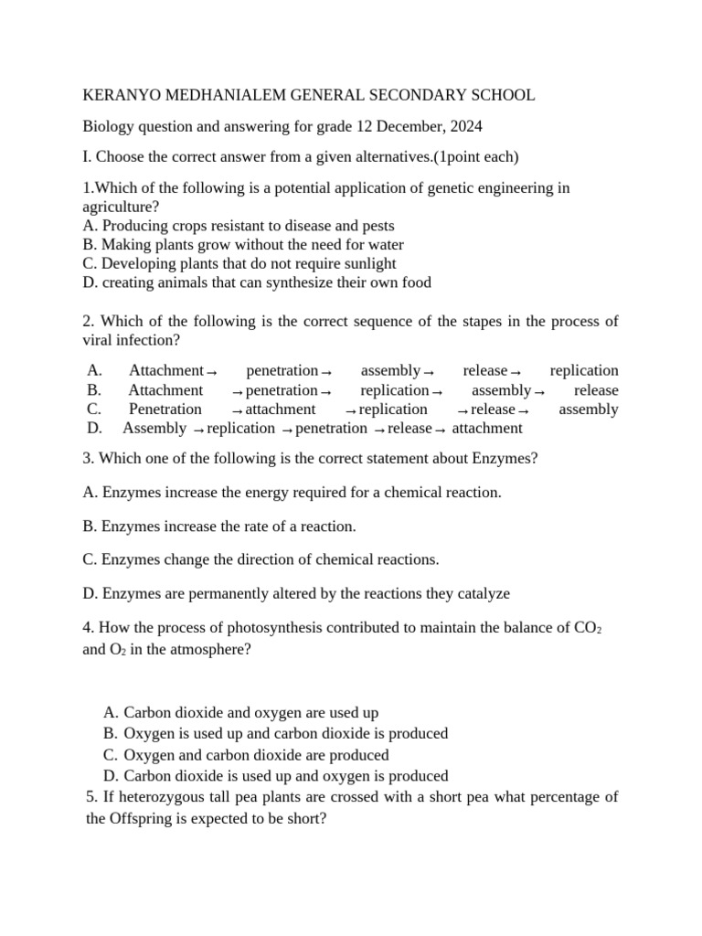 Biology Question and Answer For Grade 12 | PDF