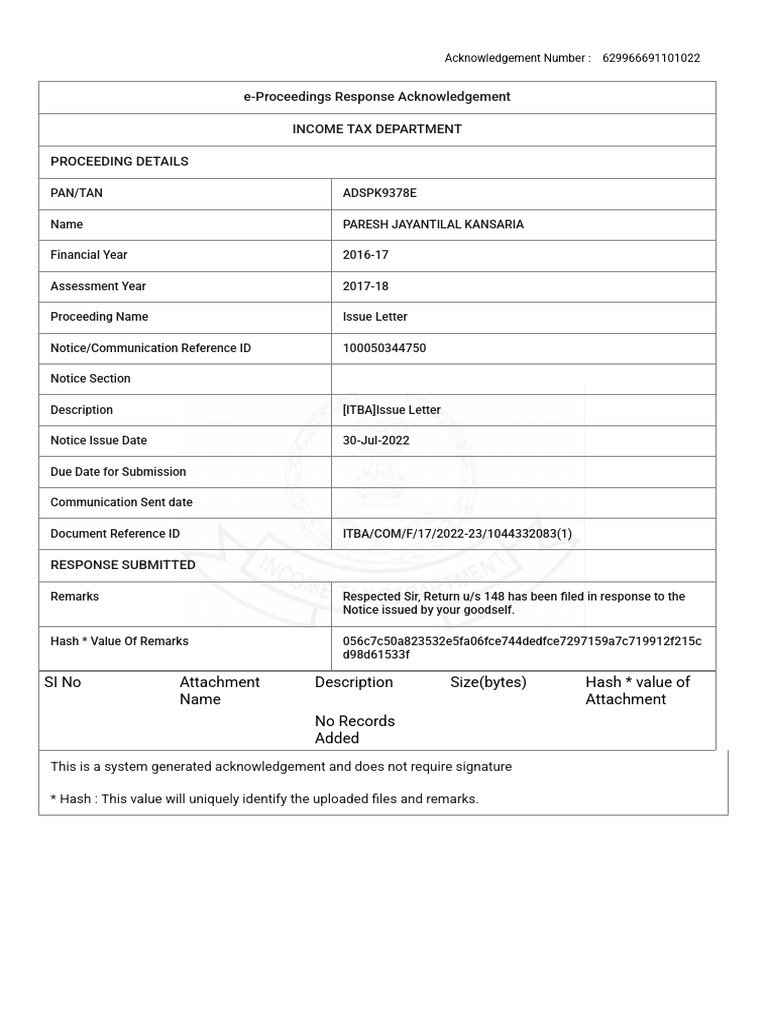 Income Tax e-Proceedings Acknowledgement | PDF