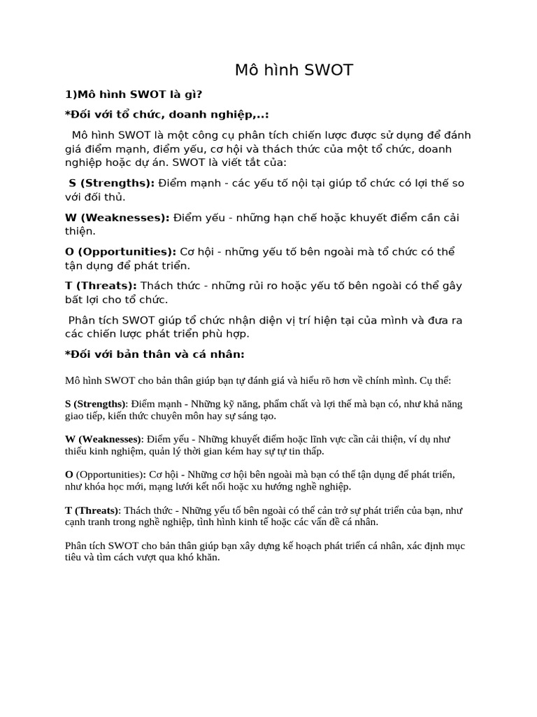 khái niệm mô hình SWOT và WOOP, xác định chủ thể bản thân thông qua SWOT và WOOP | PDF
