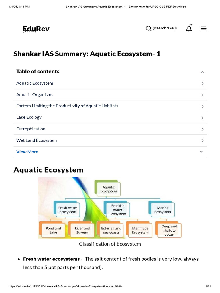 Shankar IAS Summary_ Aquatic Ecosystem- 1 - Environment for UPSC CSE PDF Download | PDF | Coral ...