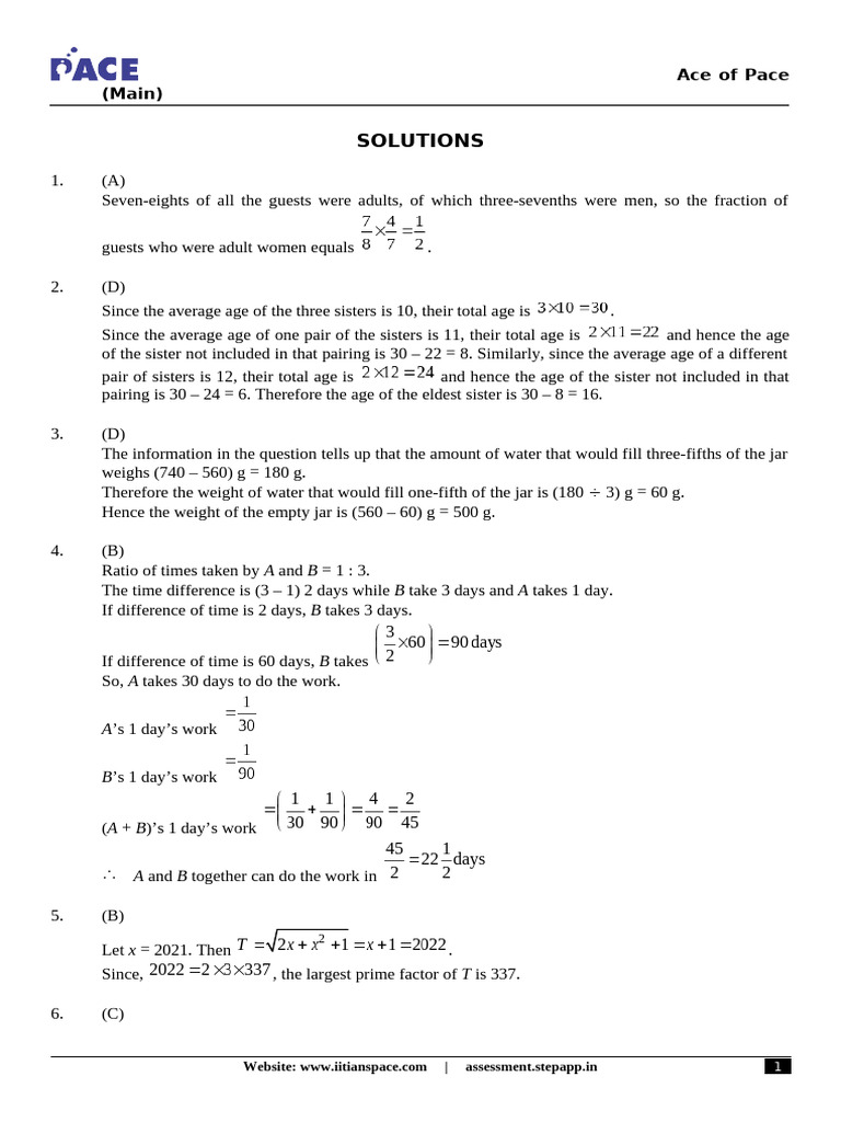 Ace of Pace (Main) Solution | PDF | Arithmetic | Mathematics