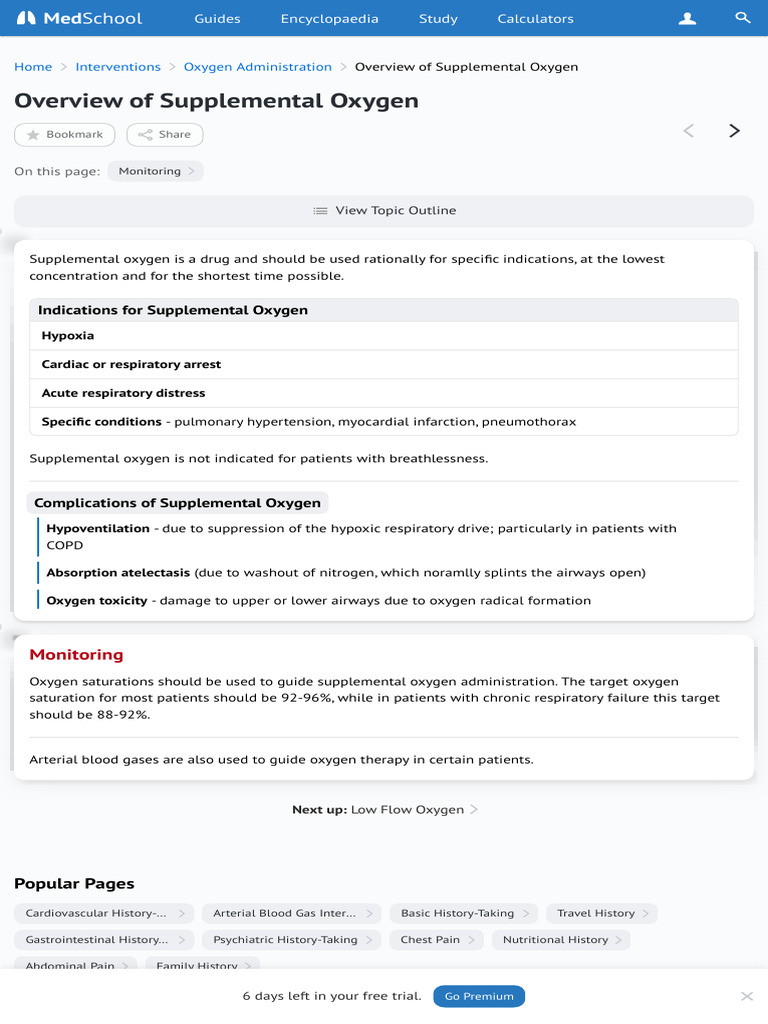 Overview of Supplemental Oxygen Oxygen Administration - MedSchool | PDF