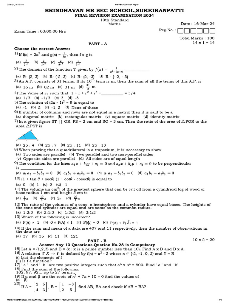 10th Maths Model Question Paper English Medium PDF Download | PDF ...