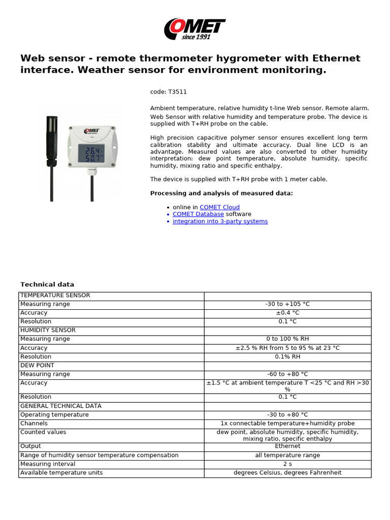 Comet_datasheet_T3511 | PDF | Humidity | Metrology