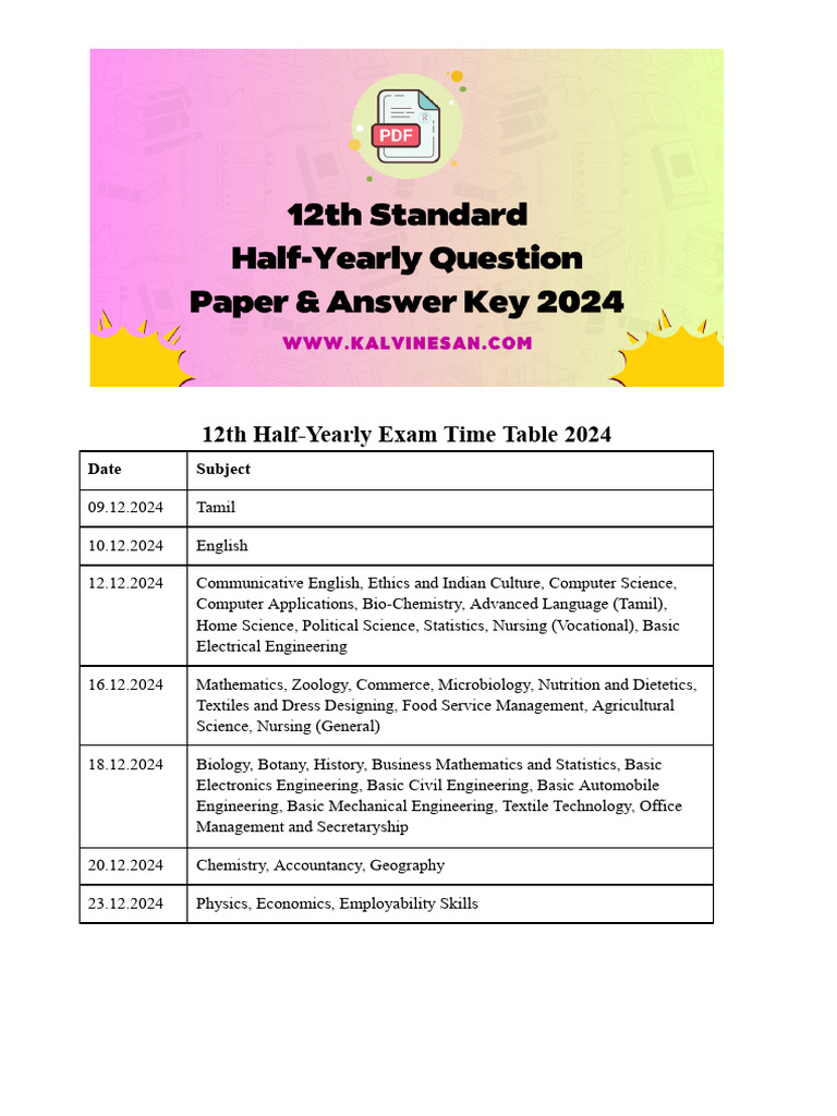 12th Half-Yearly Exam Question Papers Collection (2020-2024) | PDF ...