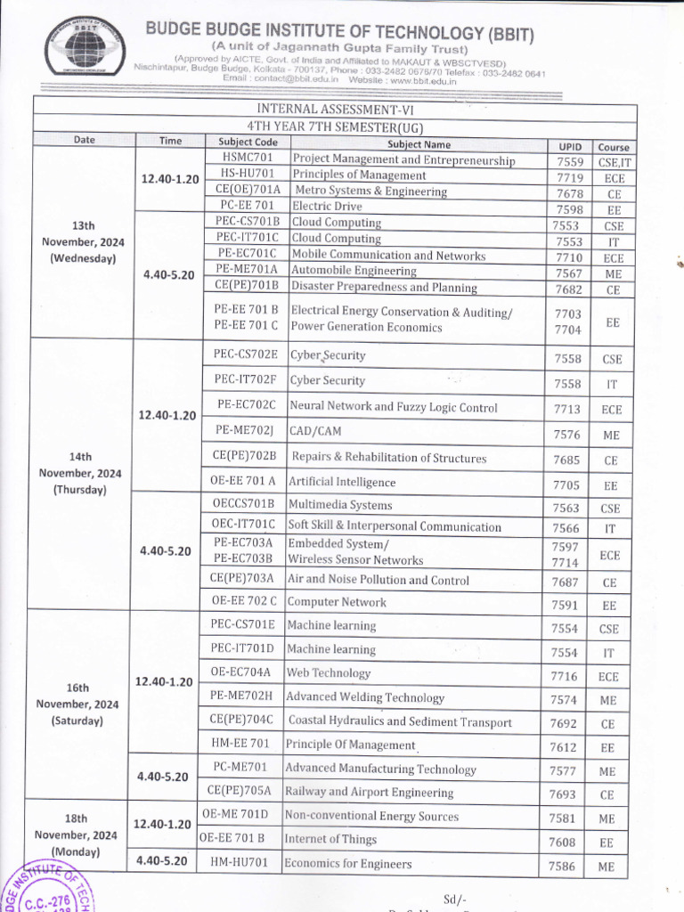 4th Year Provisional Routine - CA4 - Odd Sem 2024-25 | PDF