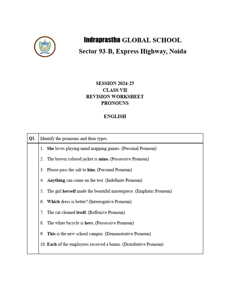 Ak Vii Worksheet Pronouns | PDF