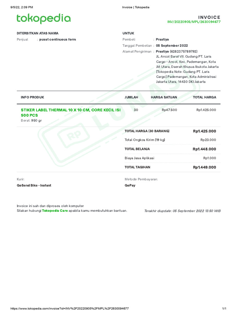 Invoice _ Tokopedia | PDF