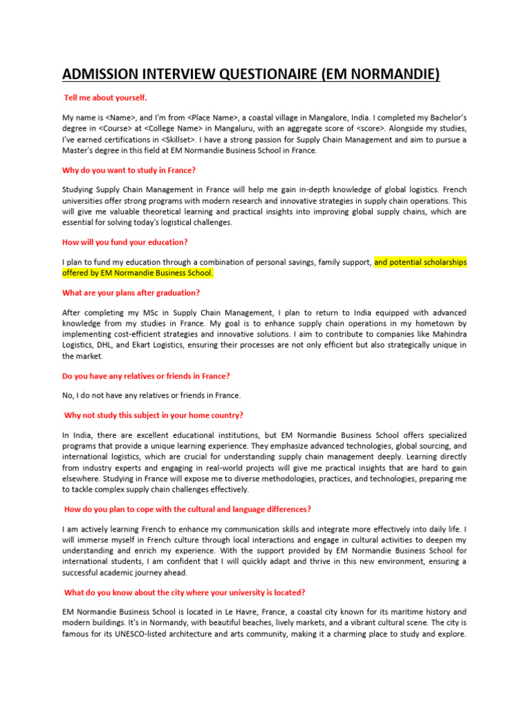 Admission Interview Questionaire France | PDF | Supply Chain Management ...