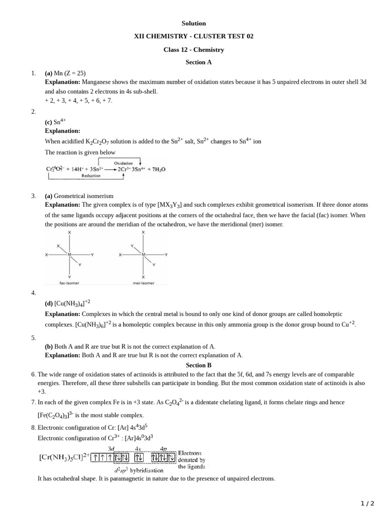 Class 12 Chemistry Cluster Test Solutions | PDF | Coordination Complex ...